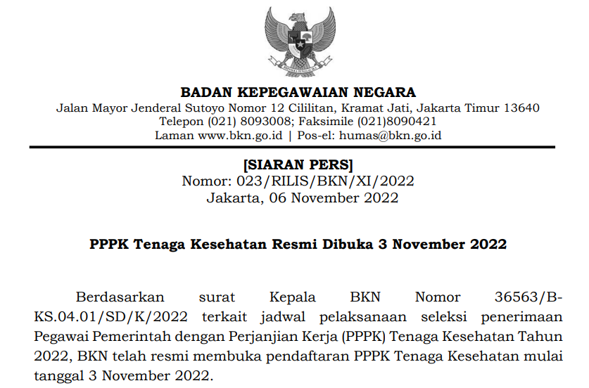 PPPK Tenaga Kesehatan Resmi Dibuka 3 November 2022 - Badan Kepegawaian Negara (BKN RI)